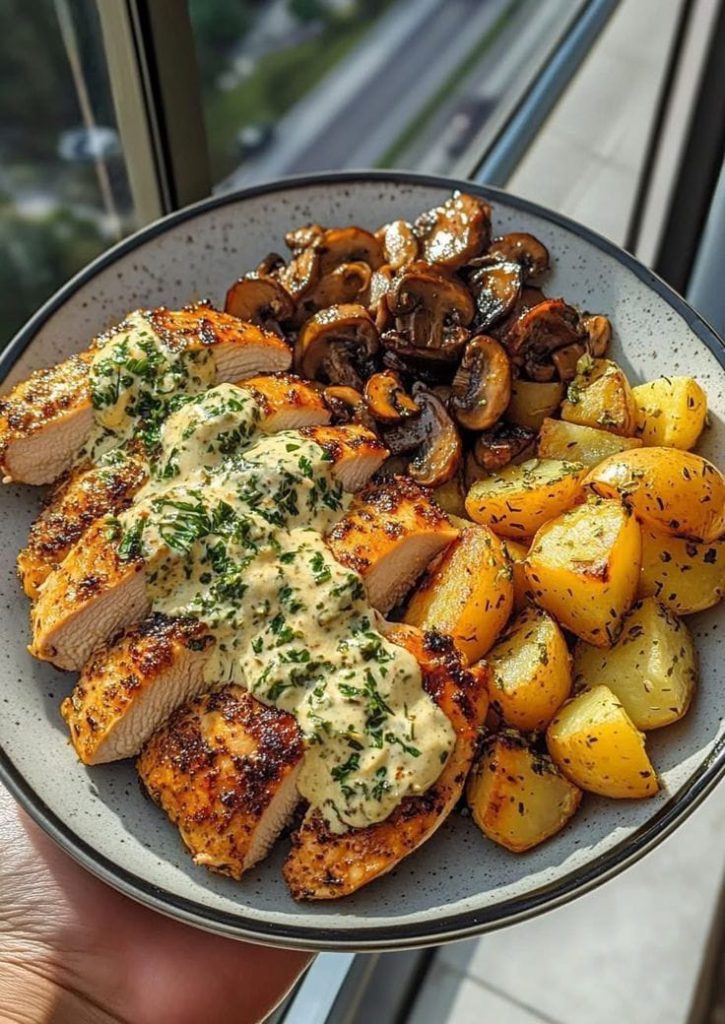 Grilled chicken with herb sauce, mushrooms, and rosti potatoes 😍 Recipe ...